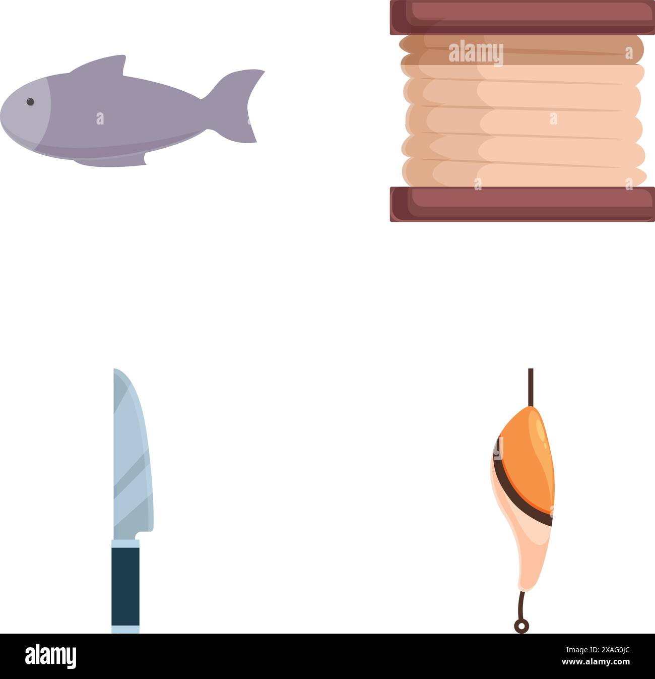 Collection of four fishing related icons, fish, tackle, knife, and ...