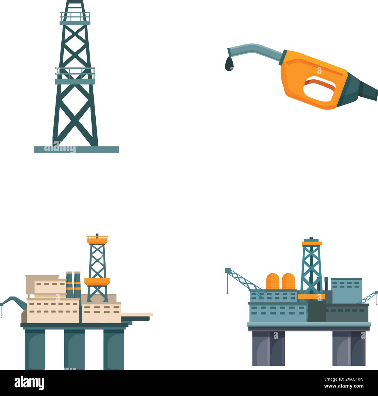 Set of four vector icons representing oil extraction and processing ...