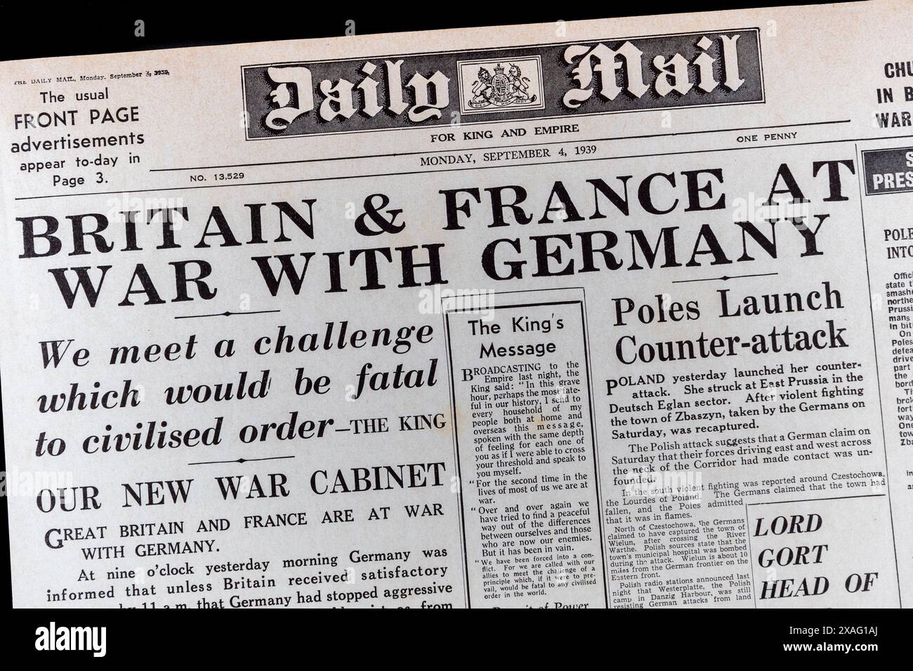 The top of the front page of the Daily Mail (replica) 4th September ...