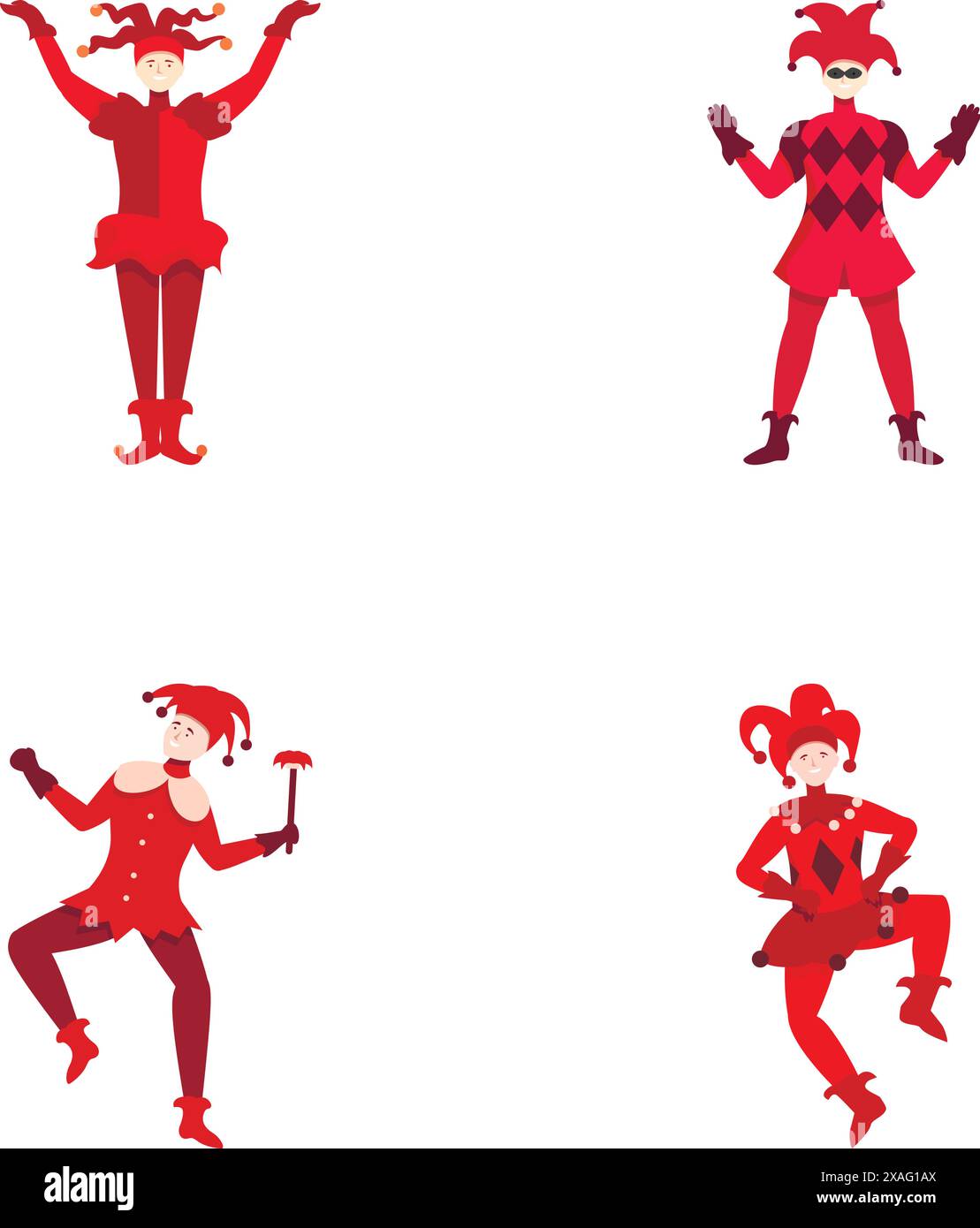 Collection of four jolly cartoon jesters, each depicted in a unique ...