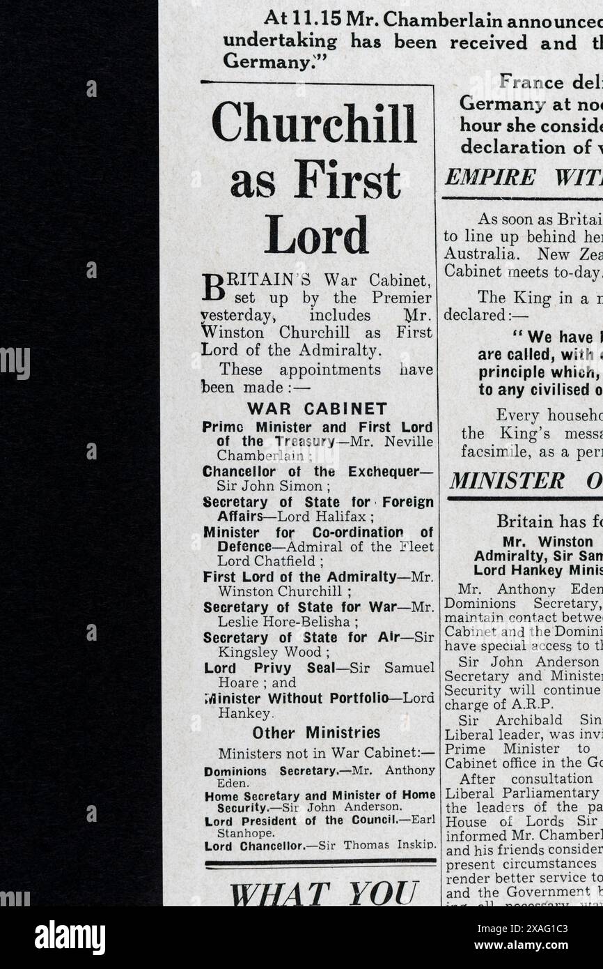 "Churchill as First Lord" headline on the front page of the Daily Mail ...