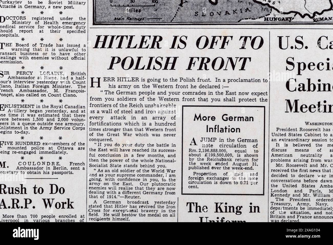 "Hitler is off to Polish front" headline in the Daily Mail (replica ...