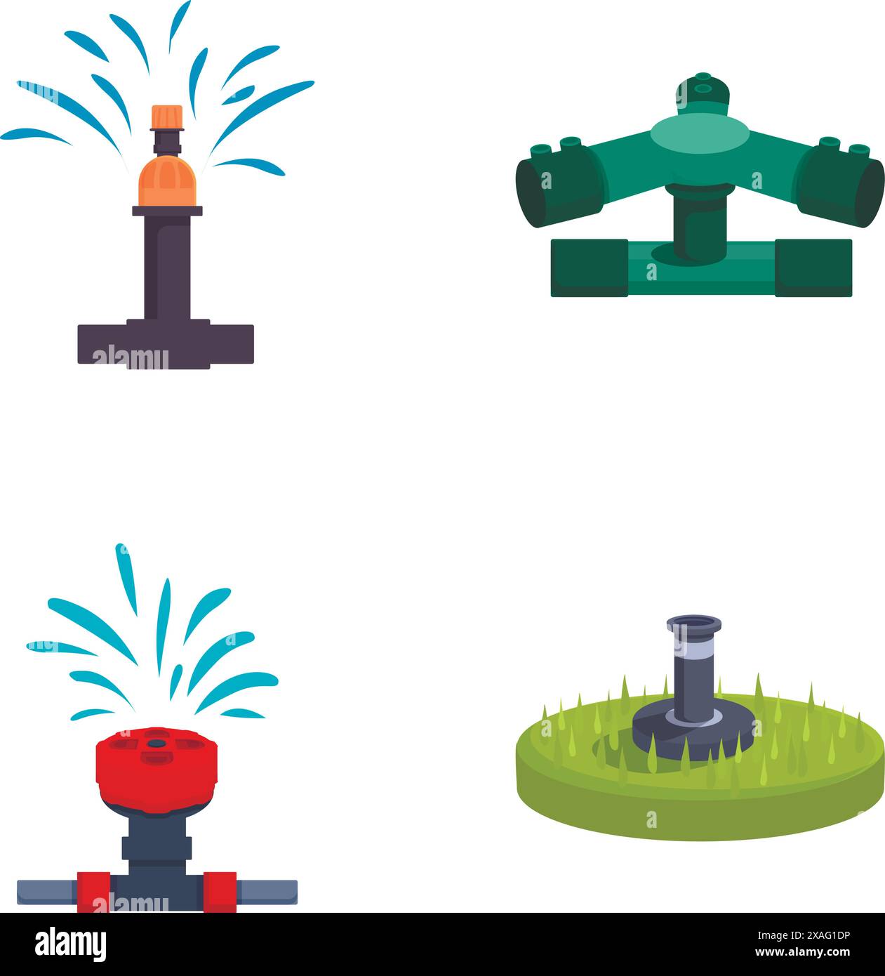 Collection of colorful cartoon sprinkler icons for garden irrigation ...