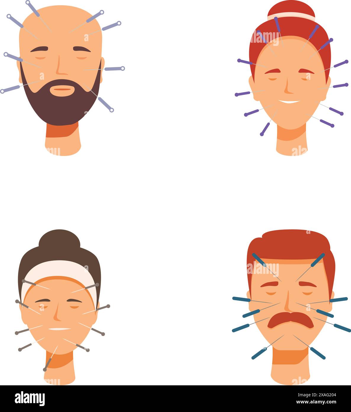 Illustrated collection of diverse cartoon faces undergoing acupuncture ...