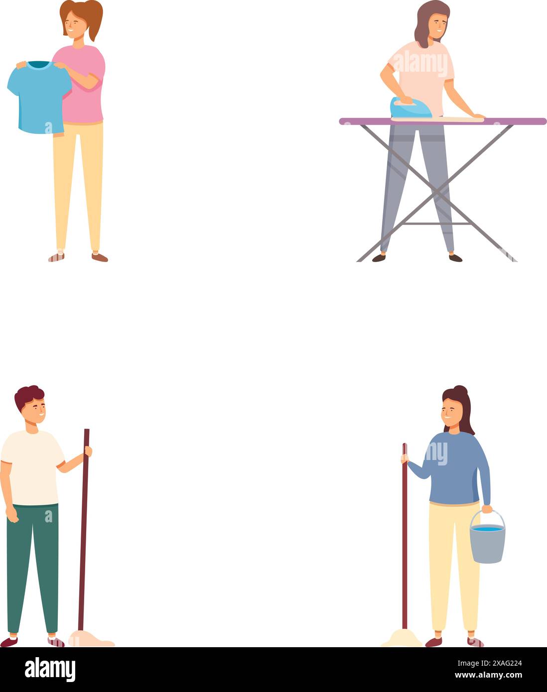 Illustration depicting four individuals performing different household ...
