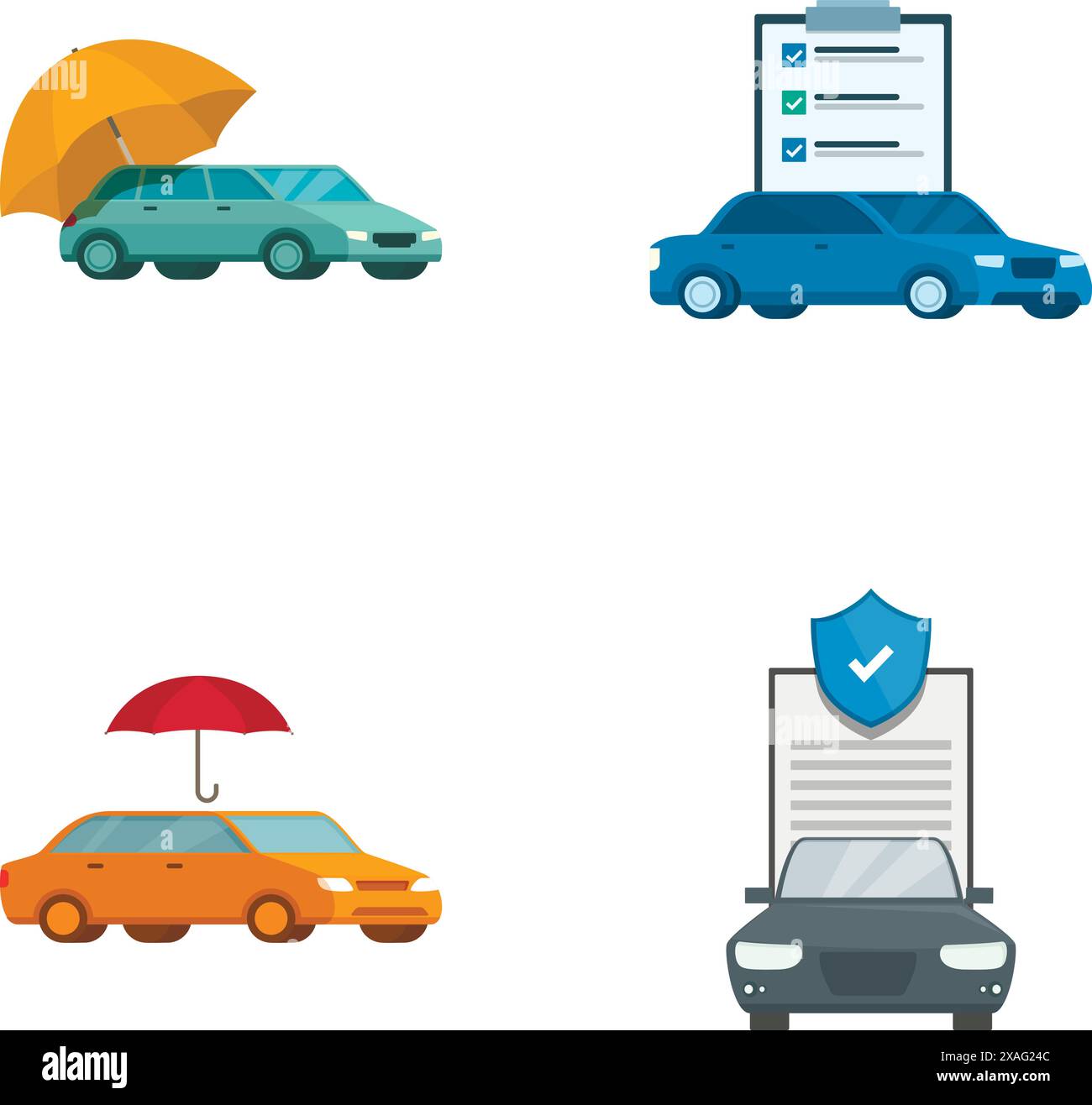 Set of four car insurance icons with protection symbols like umbrellas ...