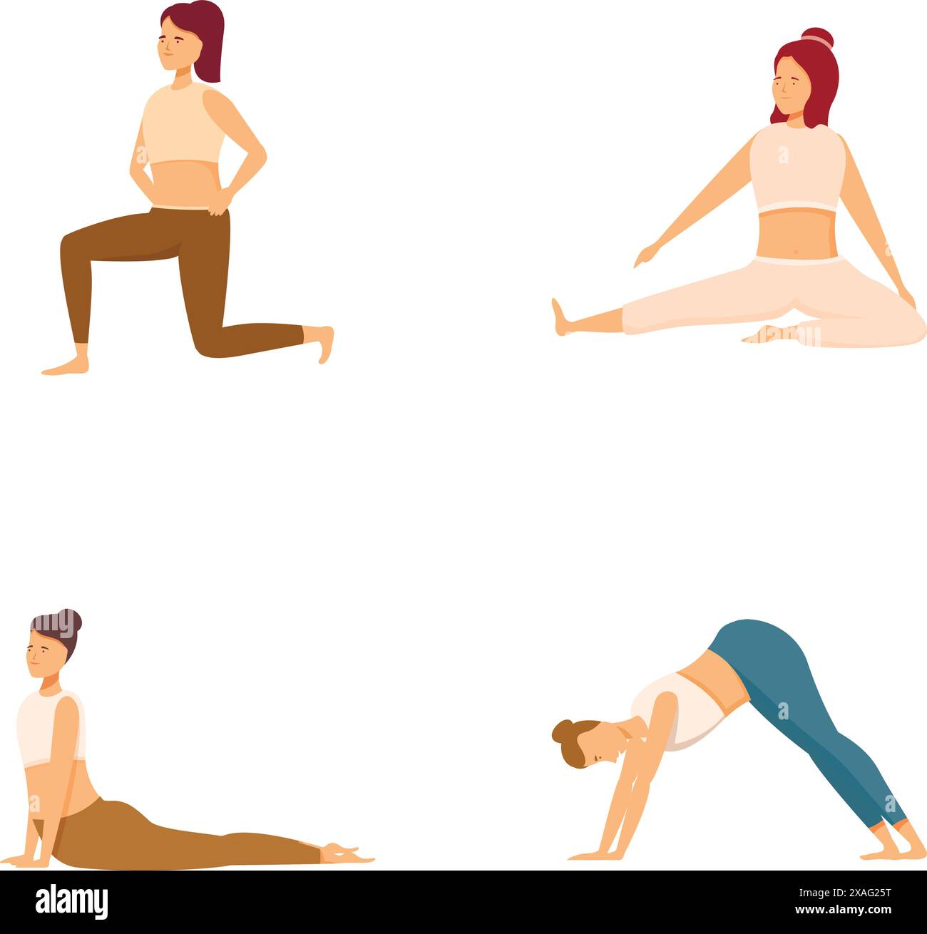 Colorful illustration of a woman performing four different yoga poses ...