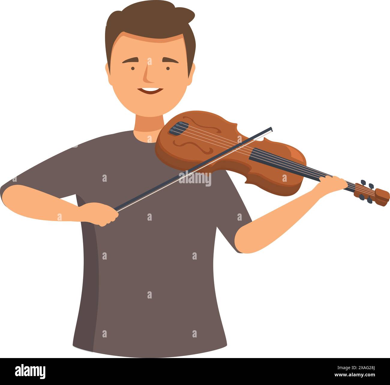Smiling musician is playing a violin with a bow during a classical ...