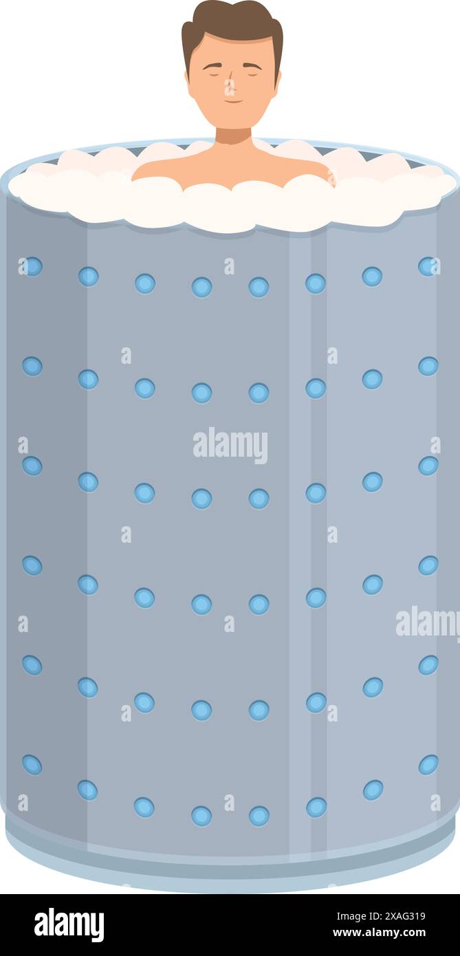 Man is taking a cryotherapy session, standing in a capsule filled with ...