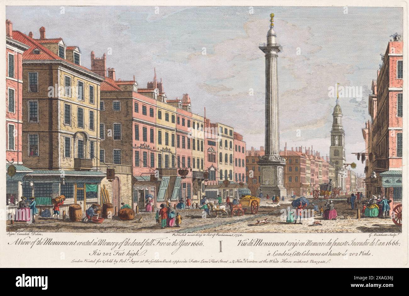 A print coloured engraving of the Monument to the great fire of London ...