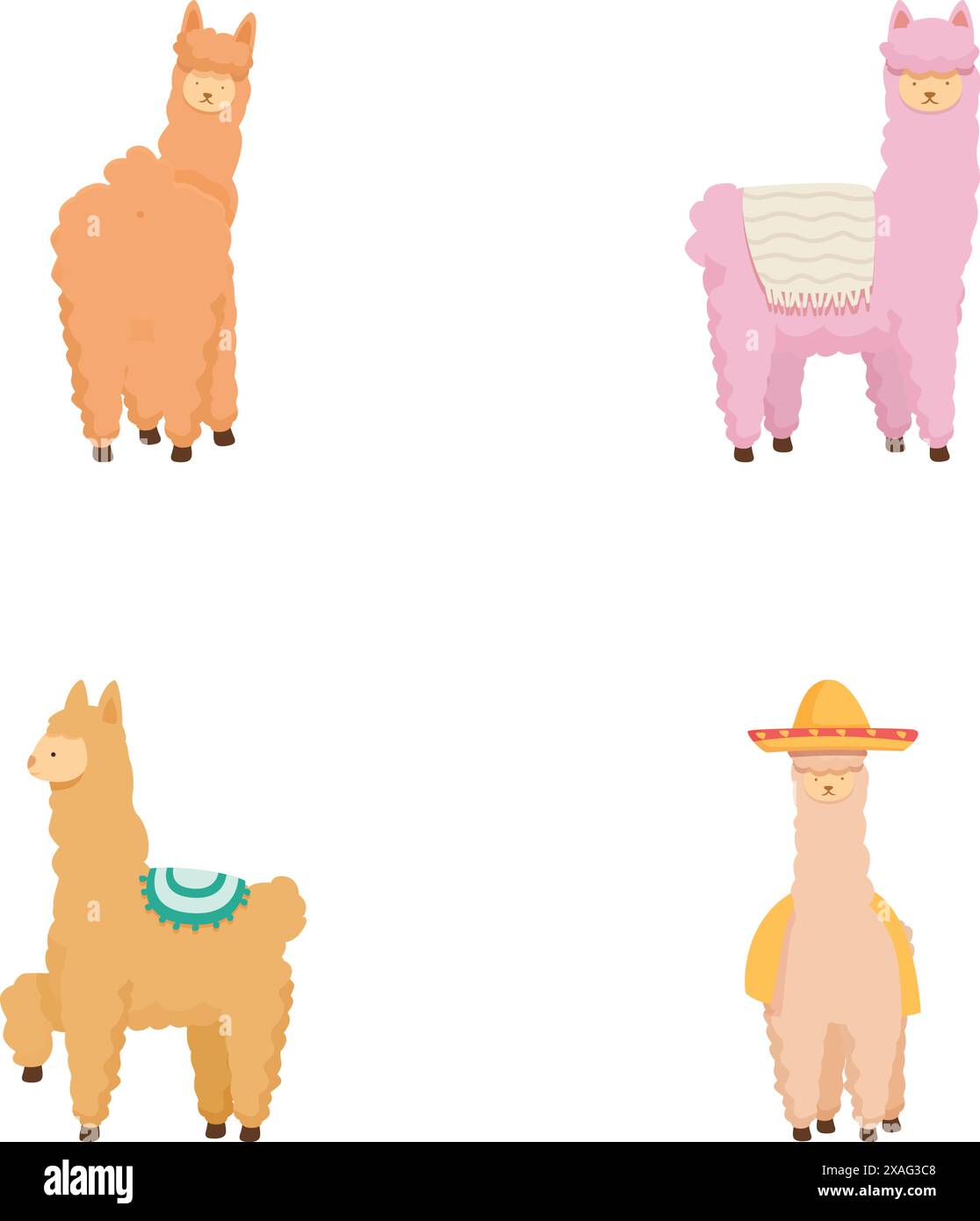 Collection of four charming cartoon llamas with unique accessories and ...