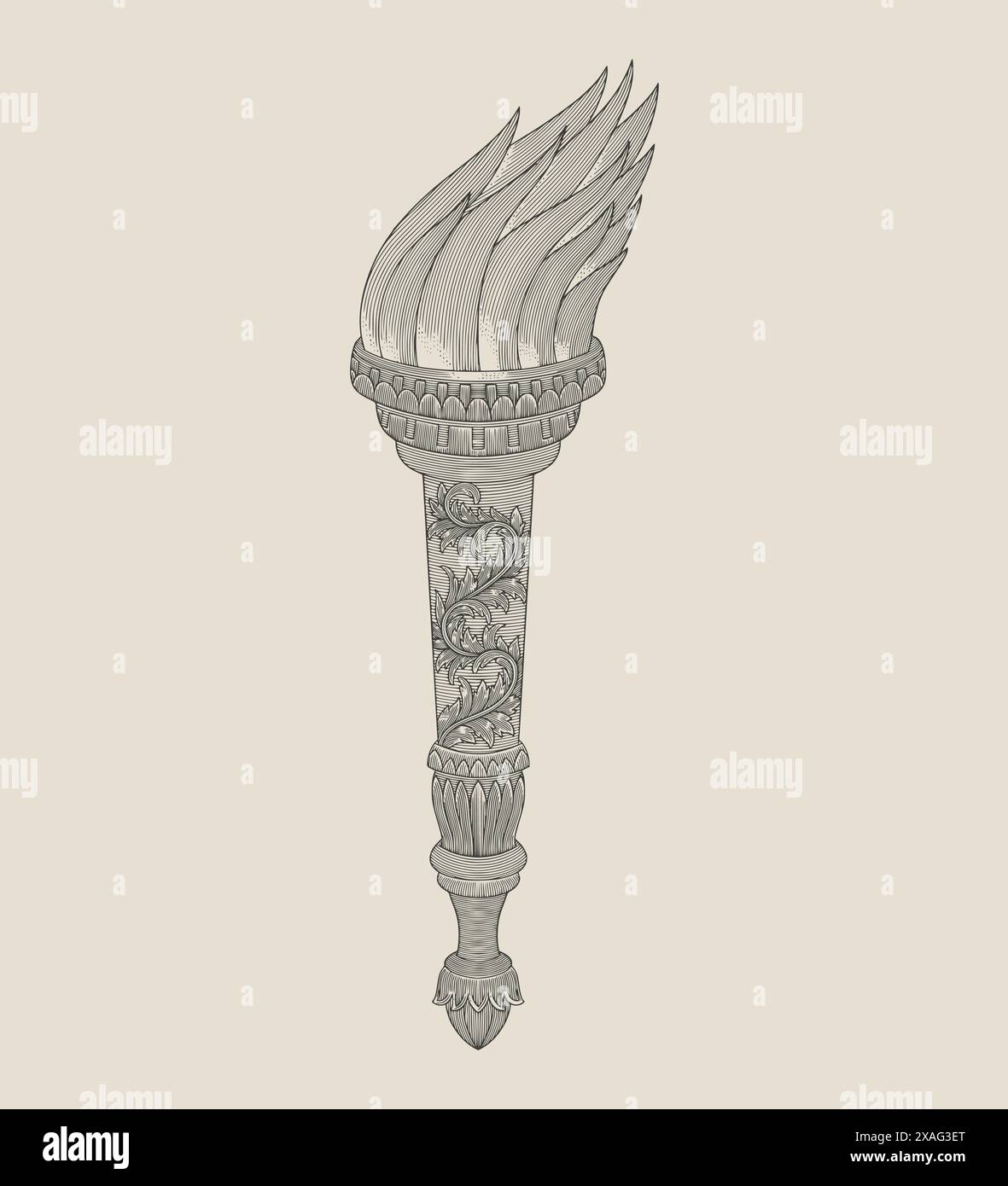 Ancient torch with burning flame and floral ornament, vIntage engraving ...