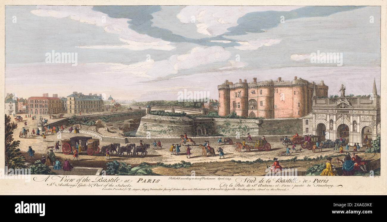 A print coloured engraving of general view of the Bastille in Paris ...