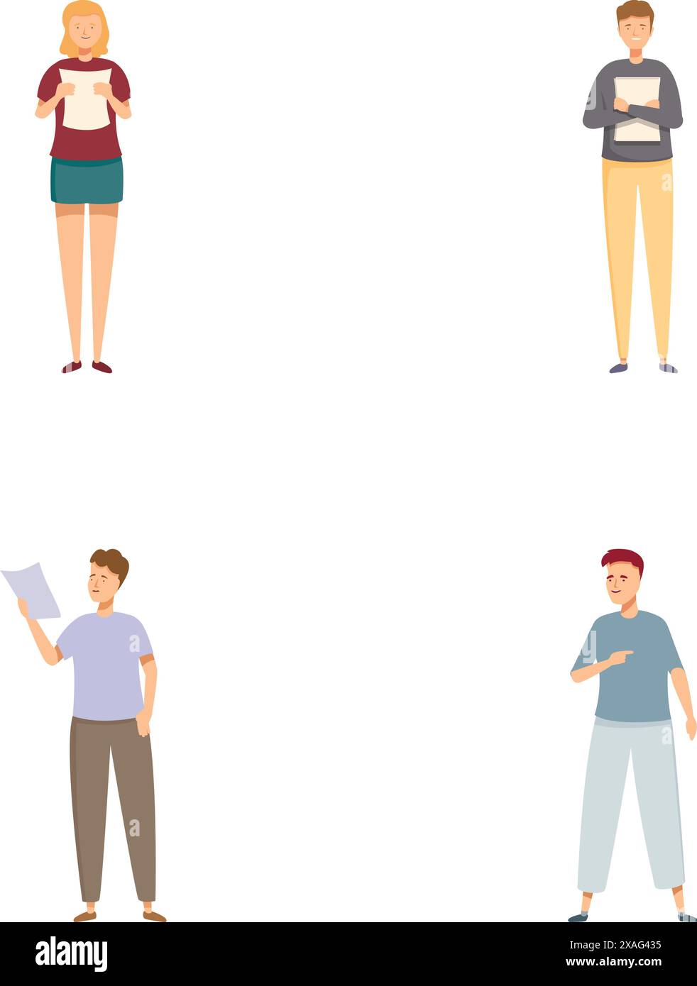 Vector illustration of four cartoon characters engaging in different ...