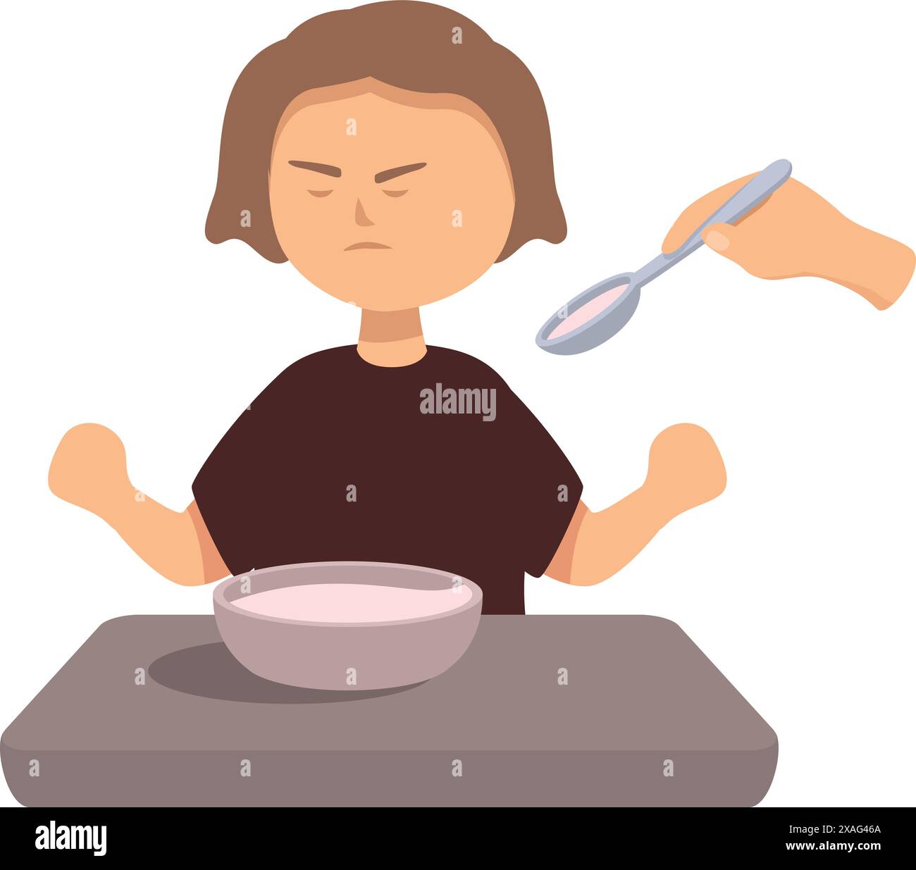 Little girl refusing food from parent at dinner table with angry ...