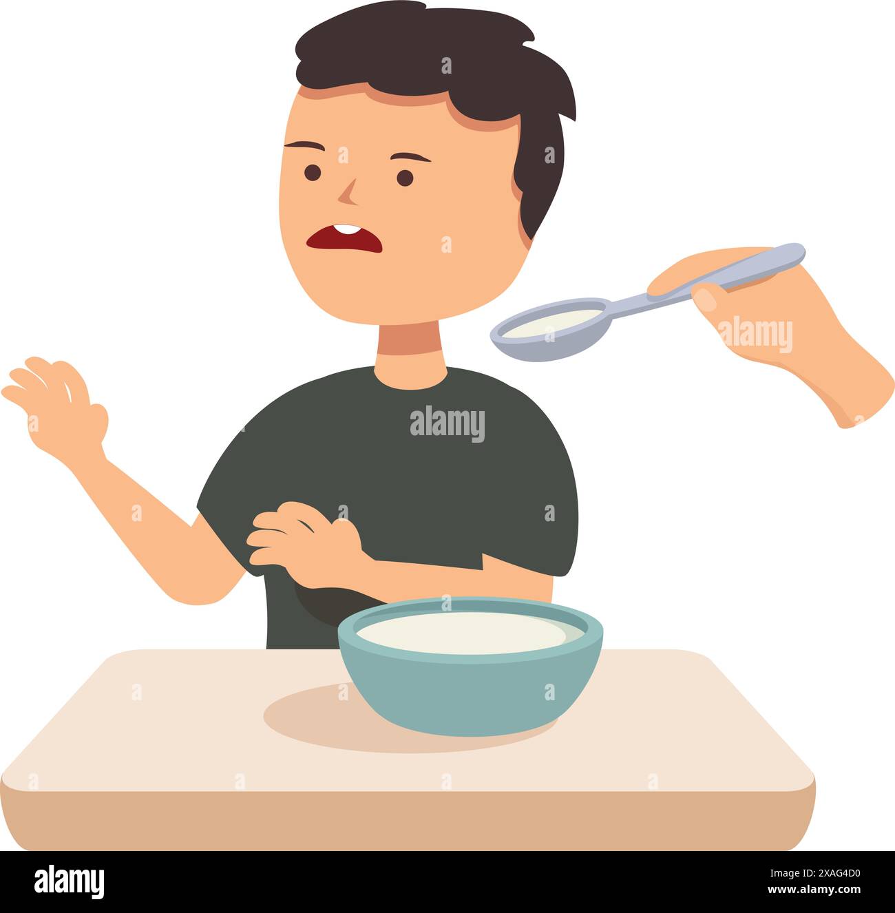 Young boy is refusing to eat his soup, pushing the spoon away with a ...