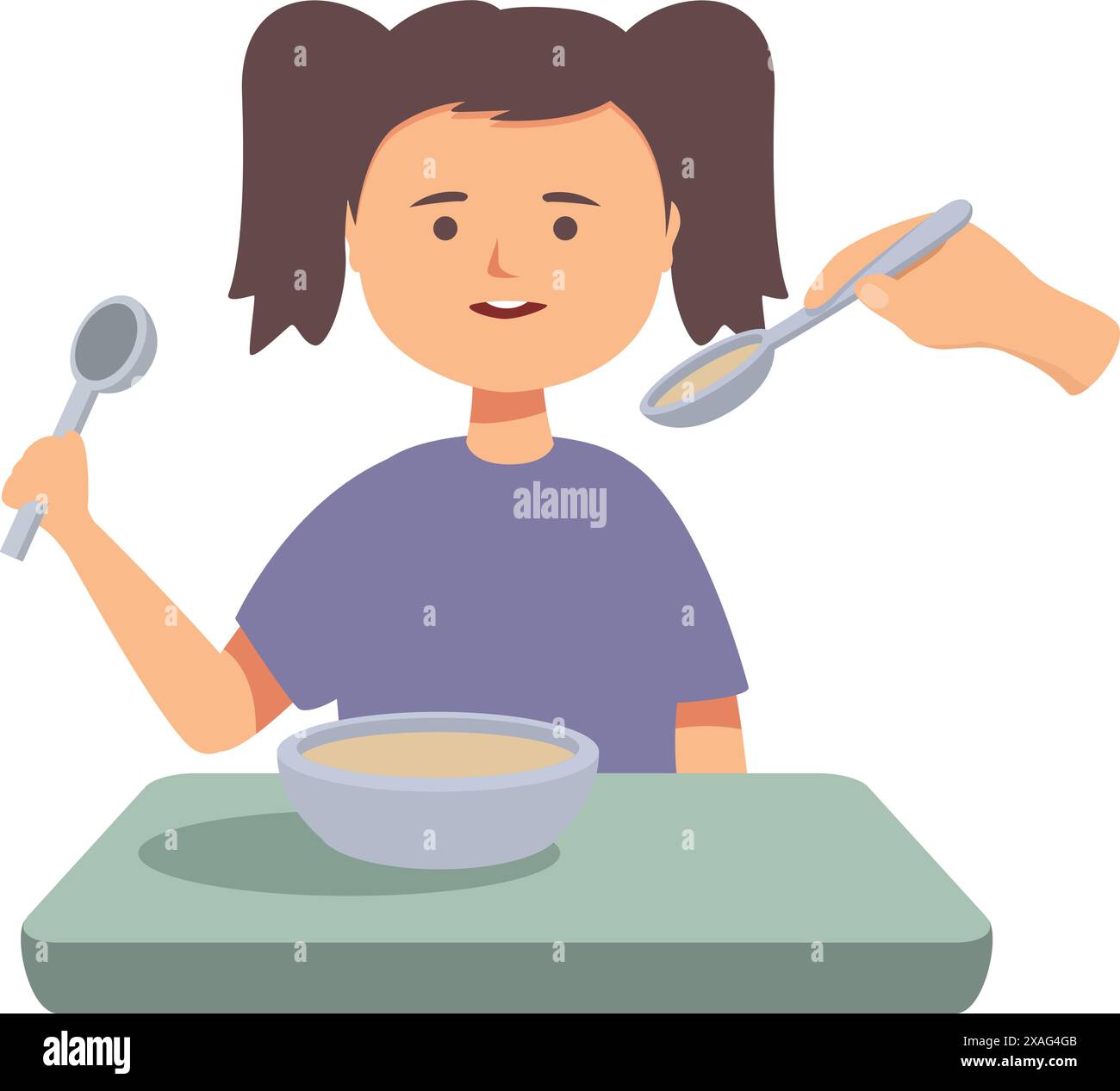 Young girl is enjoying a meal with the help of her nanny, who is ...