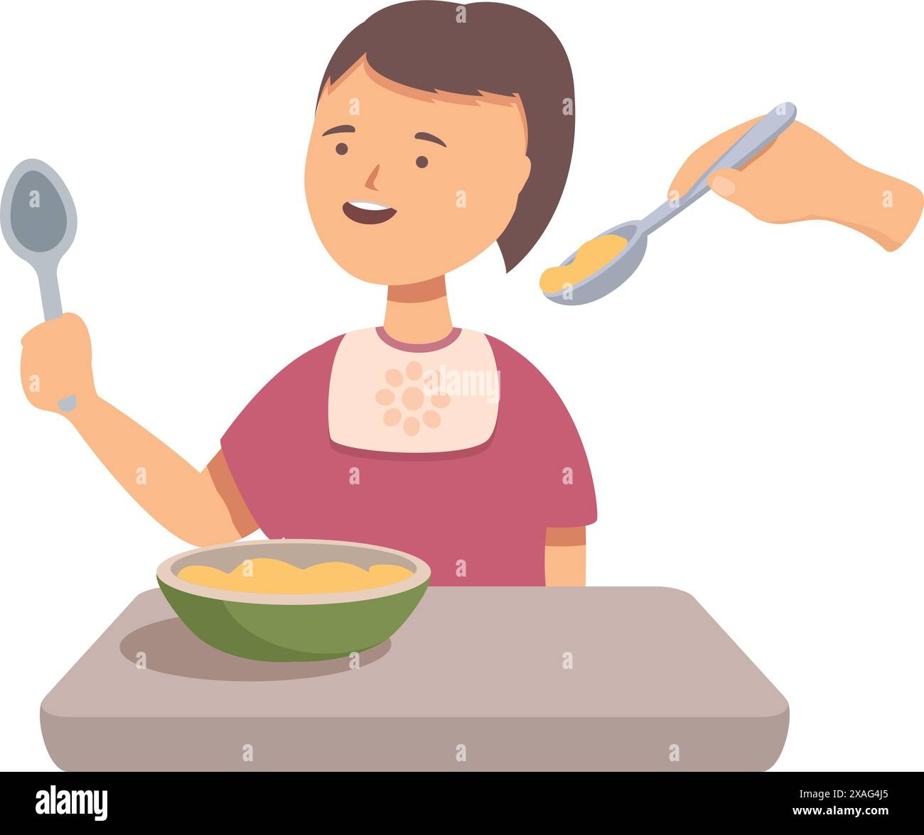 Happy toddler girl holding spoon and learning to eat food from bowl ...