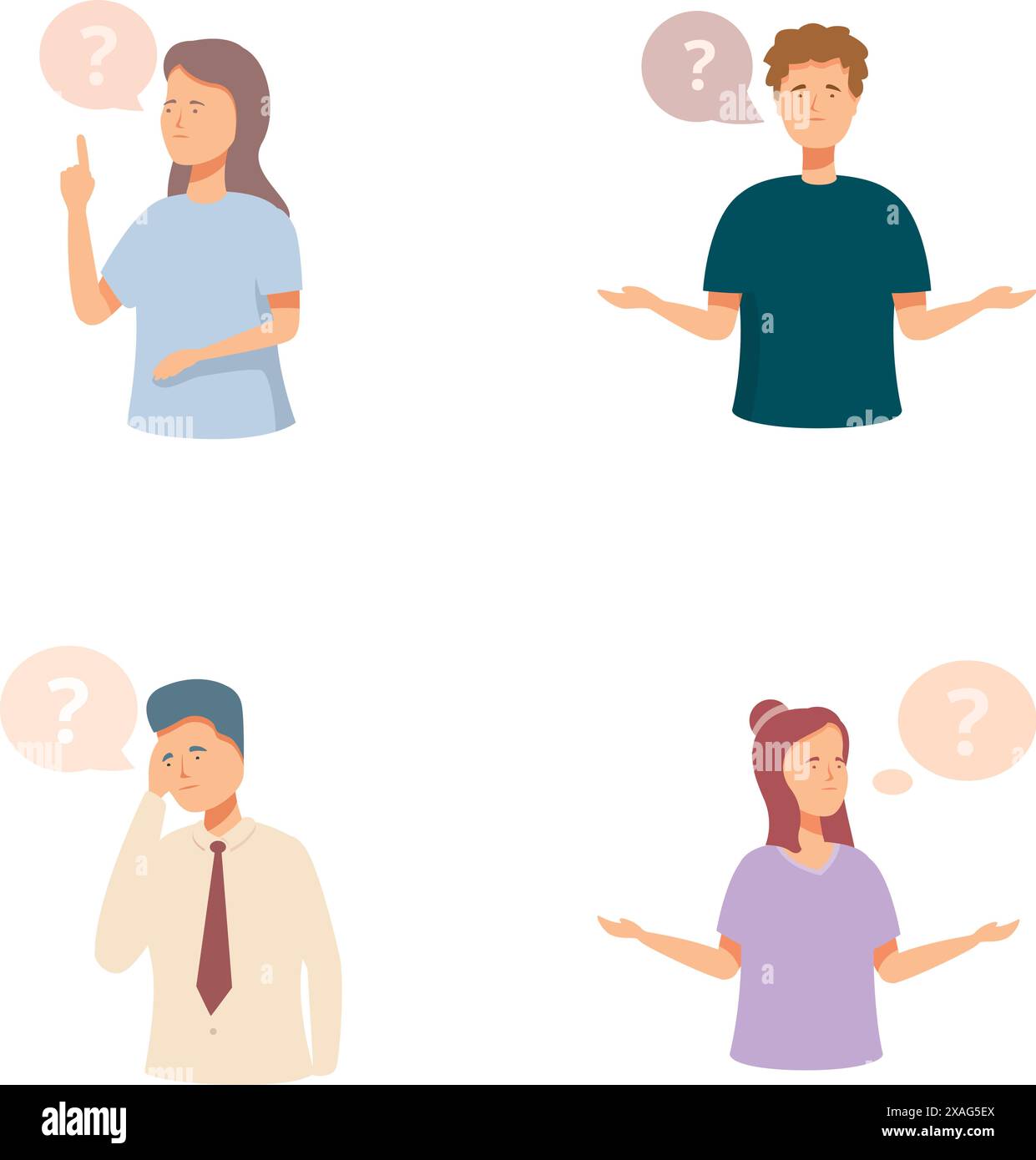 Illustration of diverse individuals pondering with question marks ...