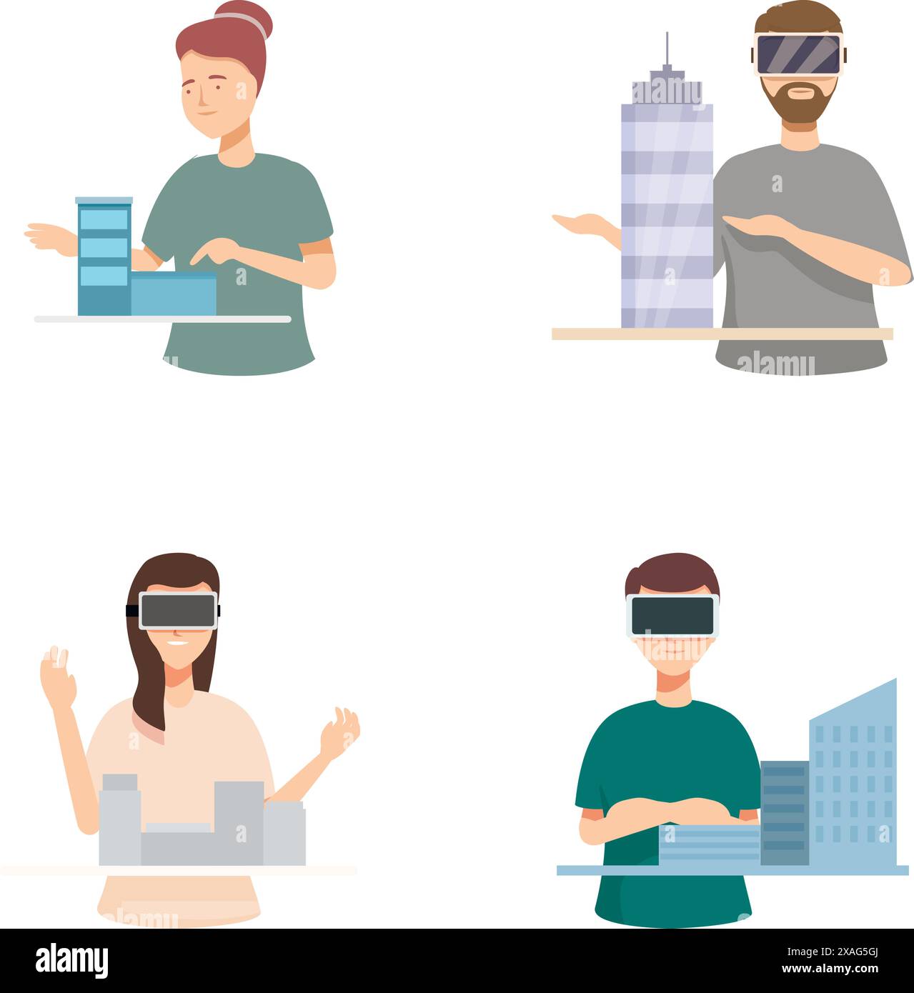 Set of illustrations depicting professionals using vr technology for ...