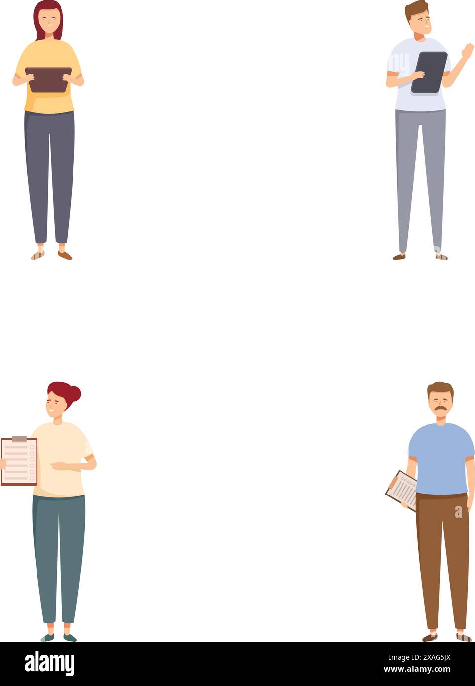 Four cartoon characters in casual business attire holding documents ...