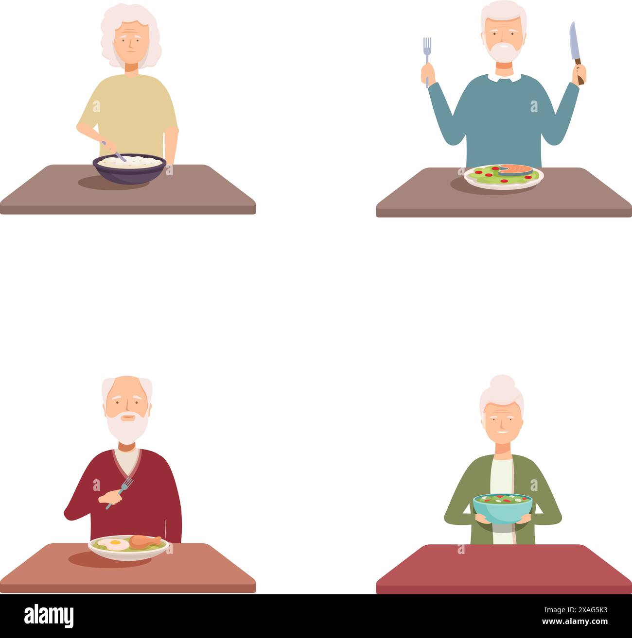 Illustrations of elderly individuals happily eating their meals alone ...