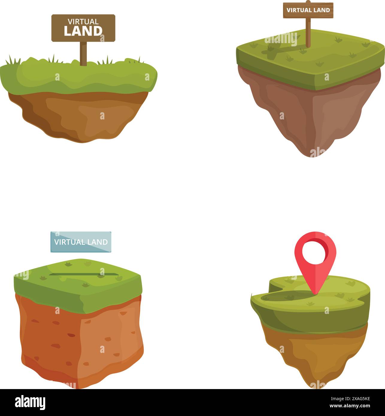 Collection of four virtual land icons featuring grass, soil and a location pin, isolated on ...