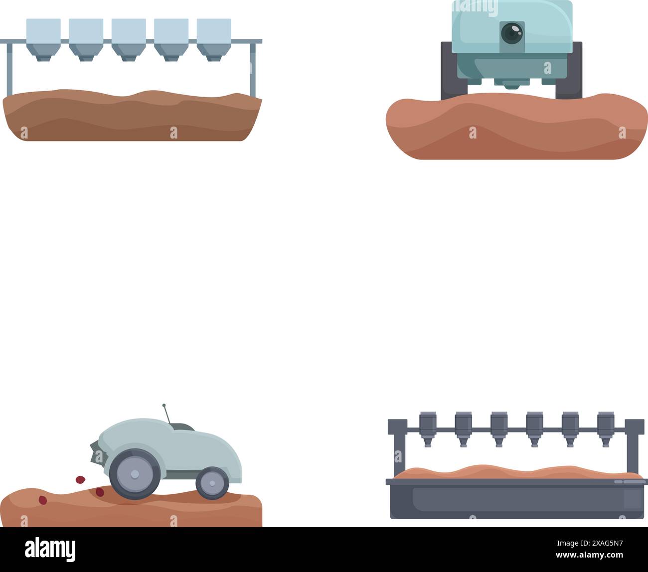 Vector icons featuring different types of agricultural irrigation systems, including pivot and ...