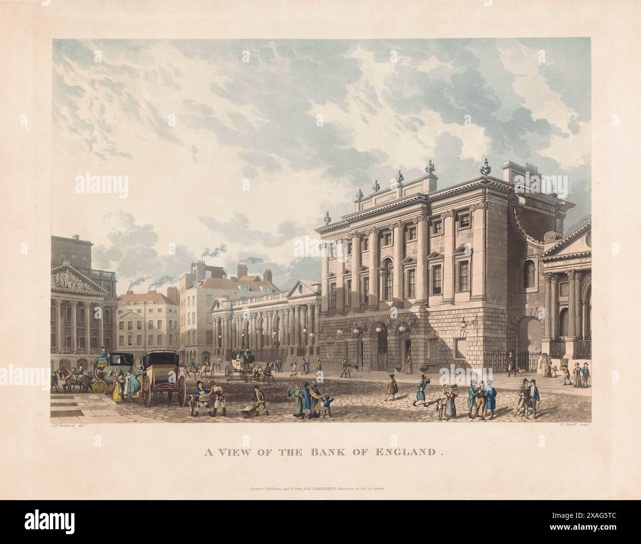 A print coloured engraving of a view of the Bank of England London in ...