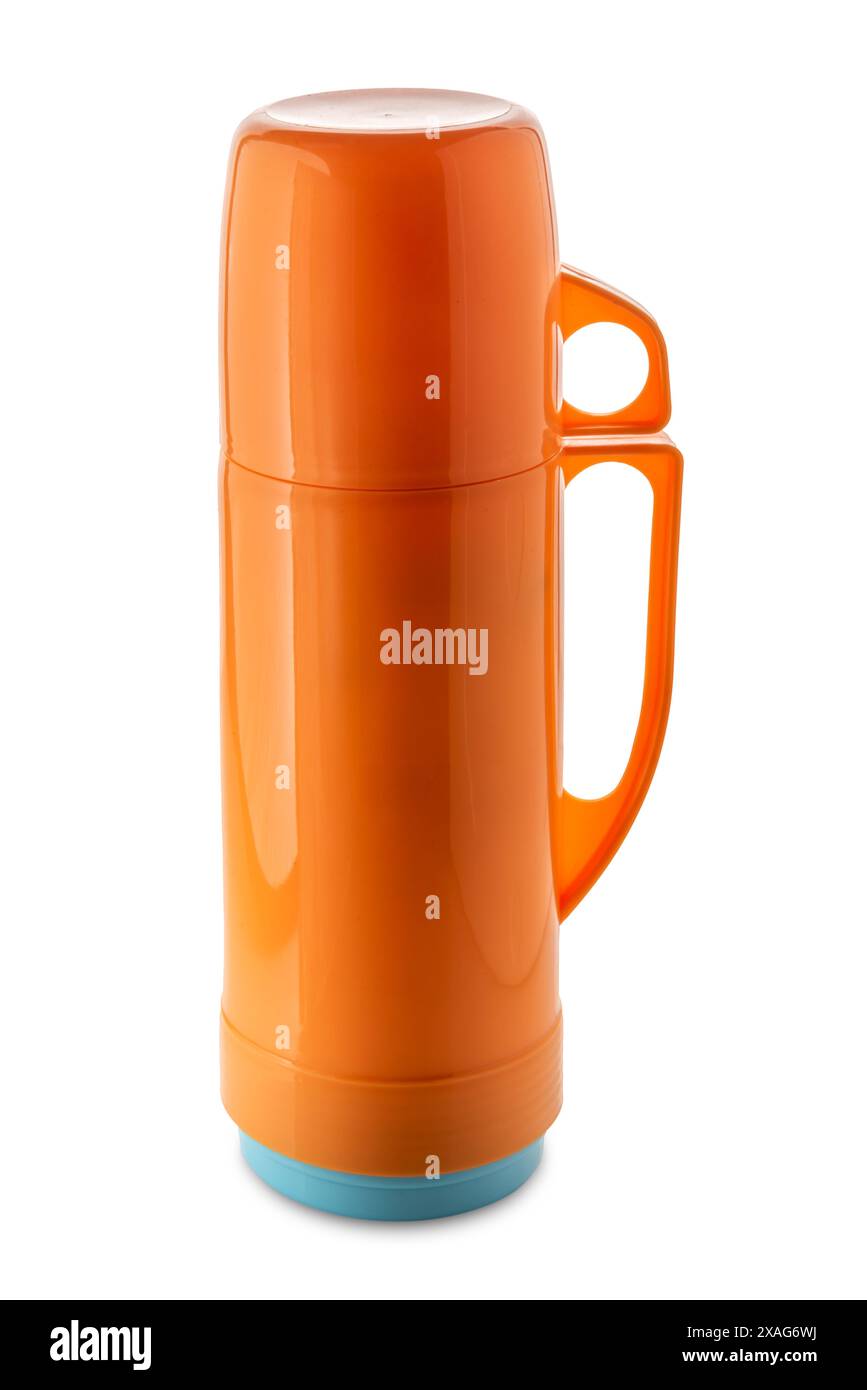Orange plastic thermos bottle with cup as cap lid, isolated on white ...