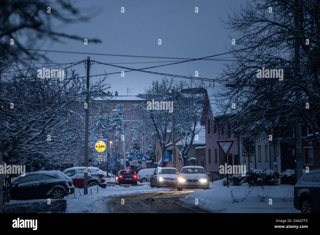 This photo captures the Lidl supermarket in Pancevo, Serbia, on a snowy ...