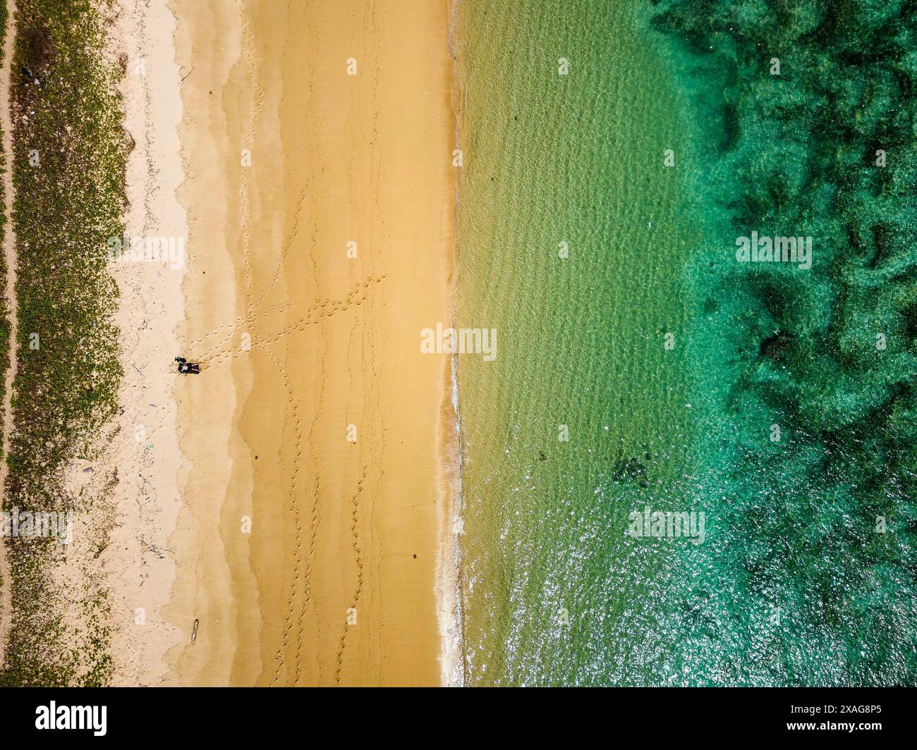 Top down aerial view of a deserted tropical beach and shallow, warm ...