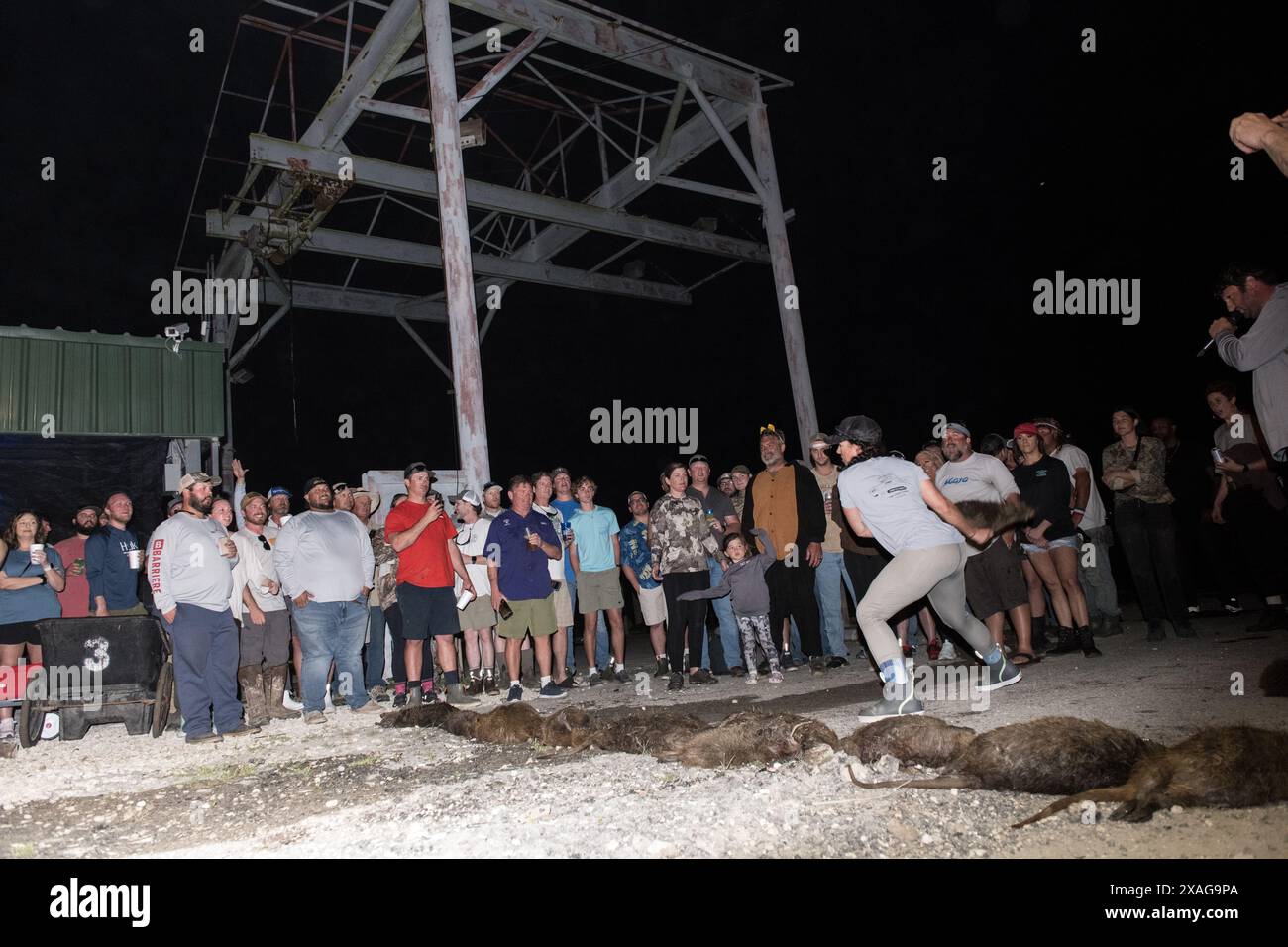 Participant hurls a dead nutria in the "nutria toss" contest at the ...