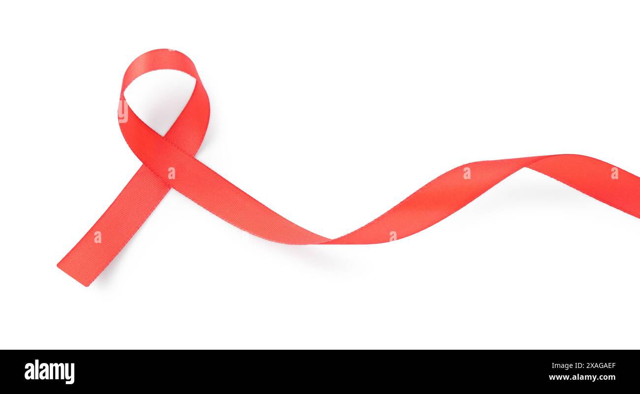 Red awareness ribbon isolated on white, top view Stock Photo - Alamy