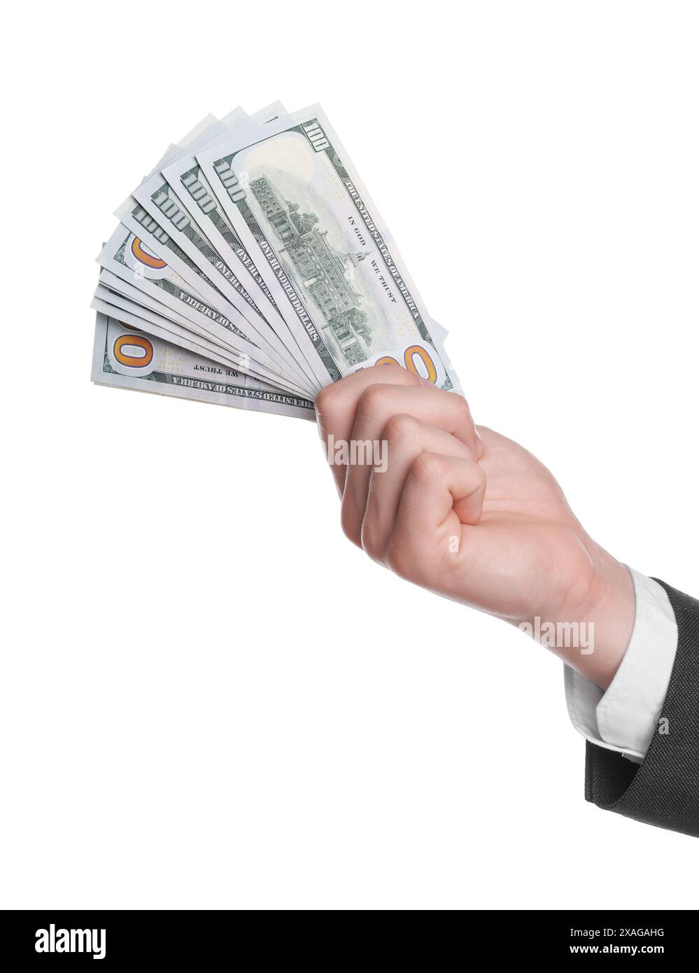 Money exchange. Man holding dollar banknotes on white background ...