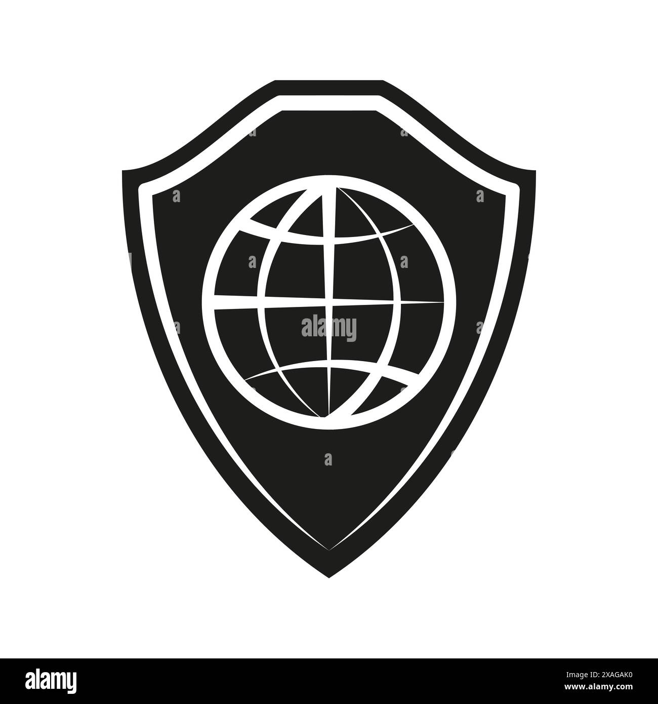 Shield with globe. Security symbol vector. Black and white icon. Global protection emblem Stock ...