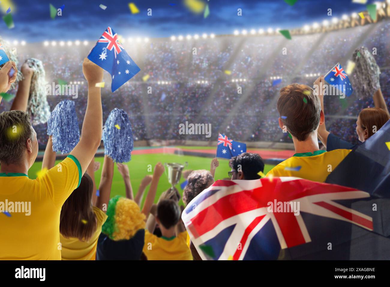 Australia fans on stadium. Australian supporters. Crowd cheering for ...