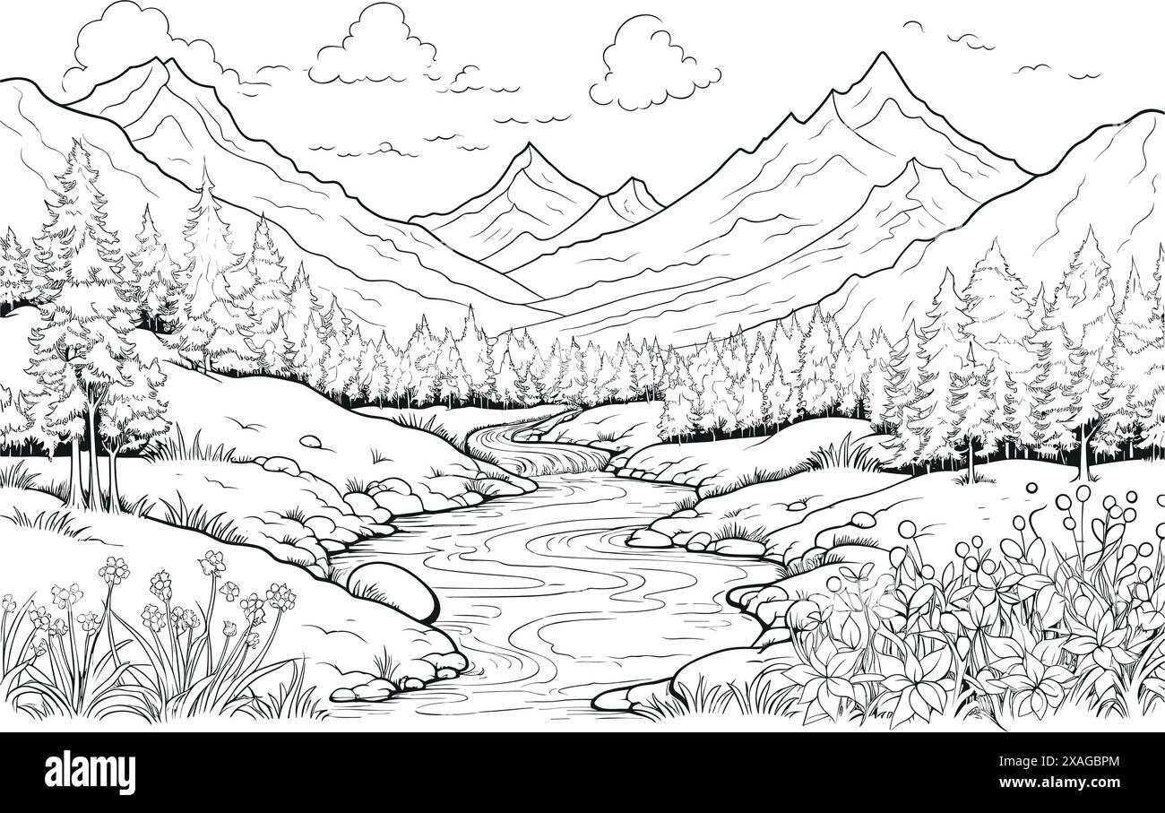 Simple black and white sketch of a mountain river against the backdrop ...