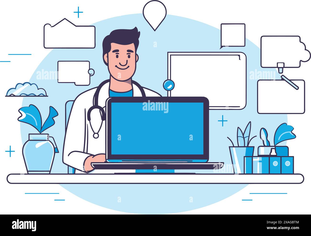 Online doctor, virtual medicine illustration. Doctor in computer screen ...