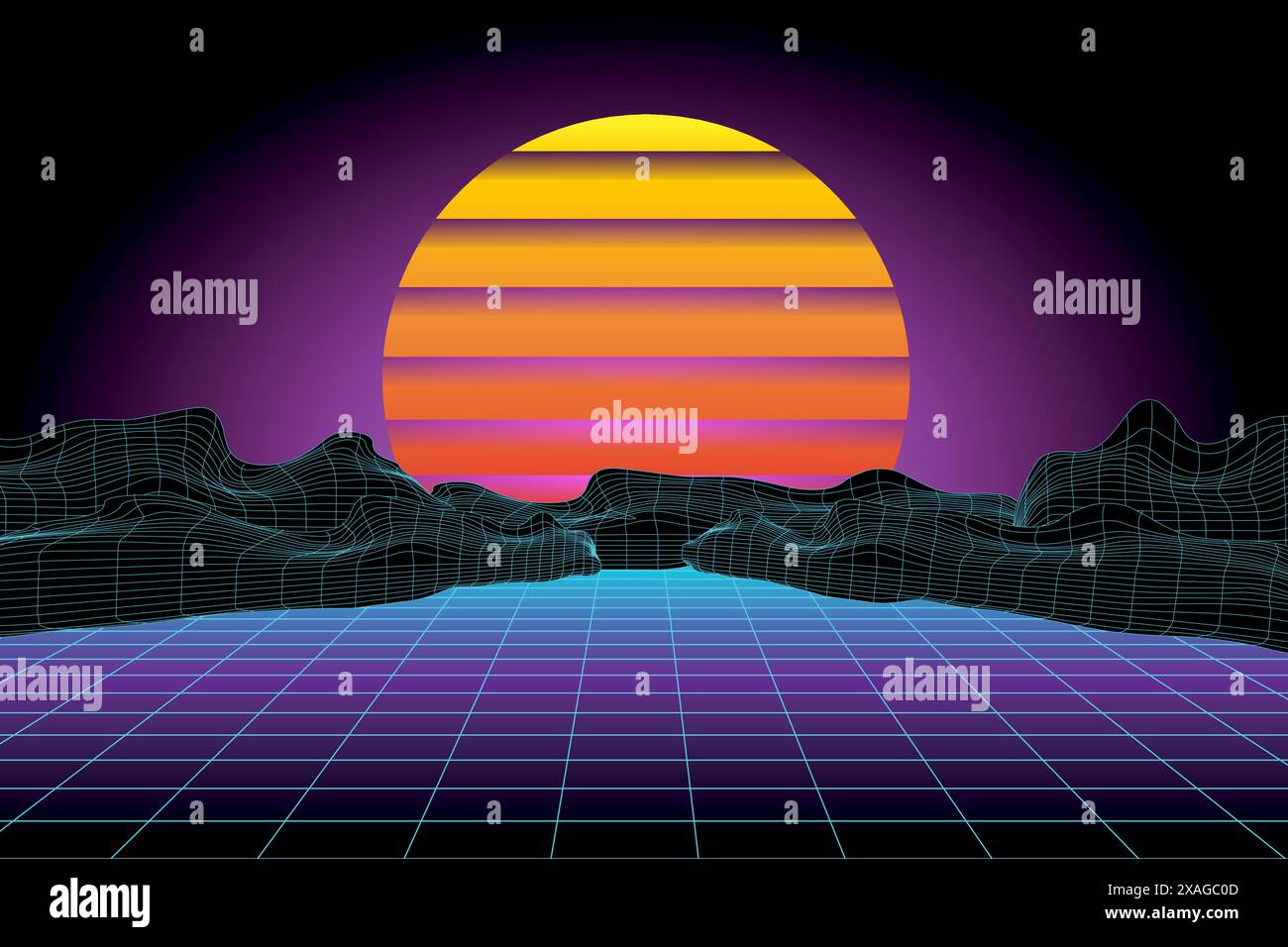 Retro background futuristic landscape 1980s style. Digital retro cyber ...