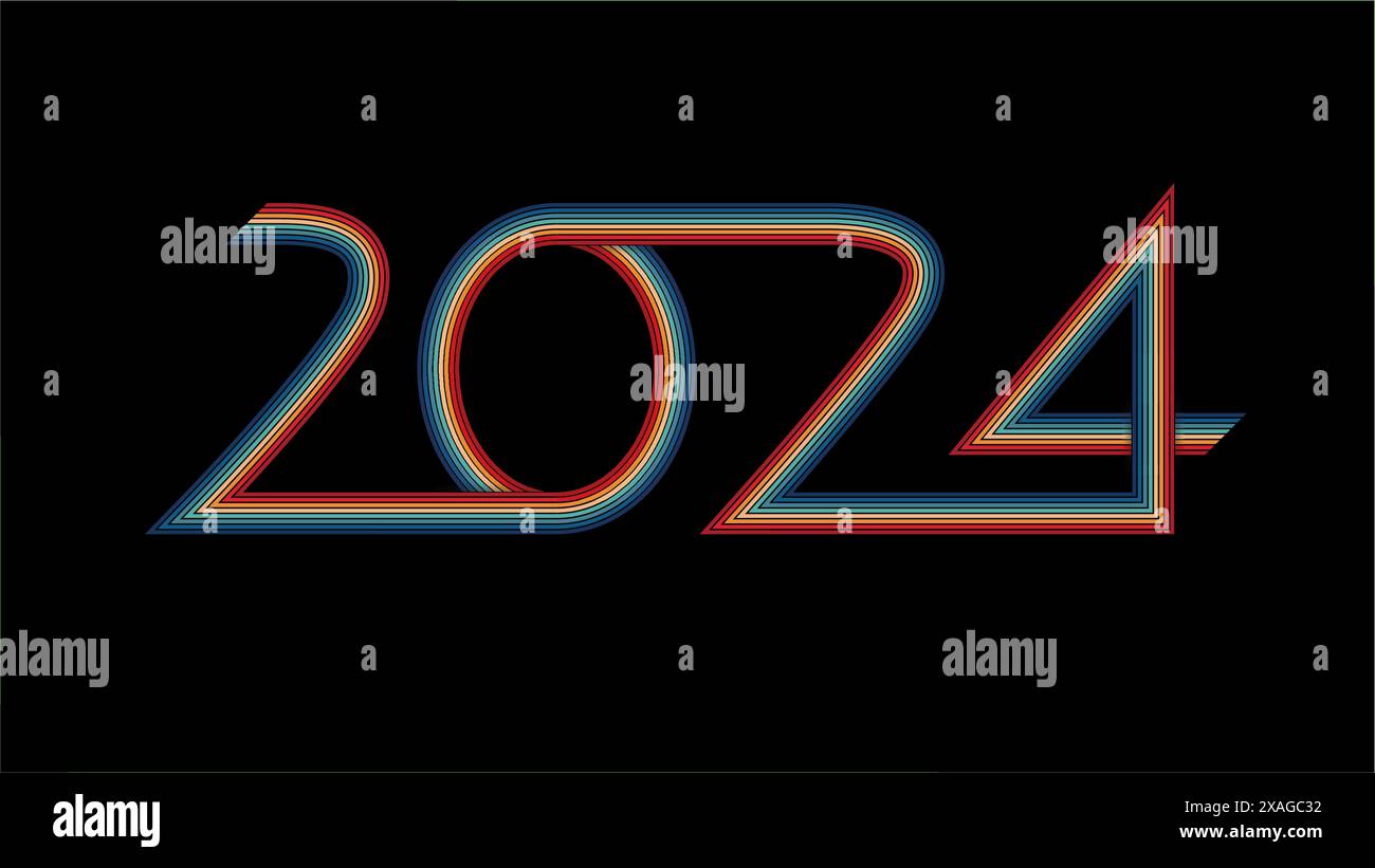 2024 lettering in vintage striped style, retro colors of the 00s, 70s ...