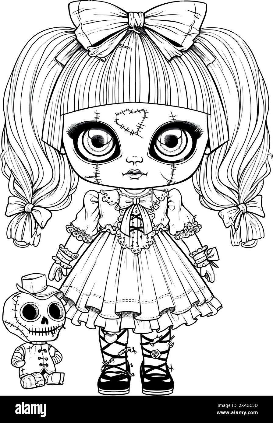 Doll with scary sinister expression, Spooky Gothic Horror Coloring Page ...