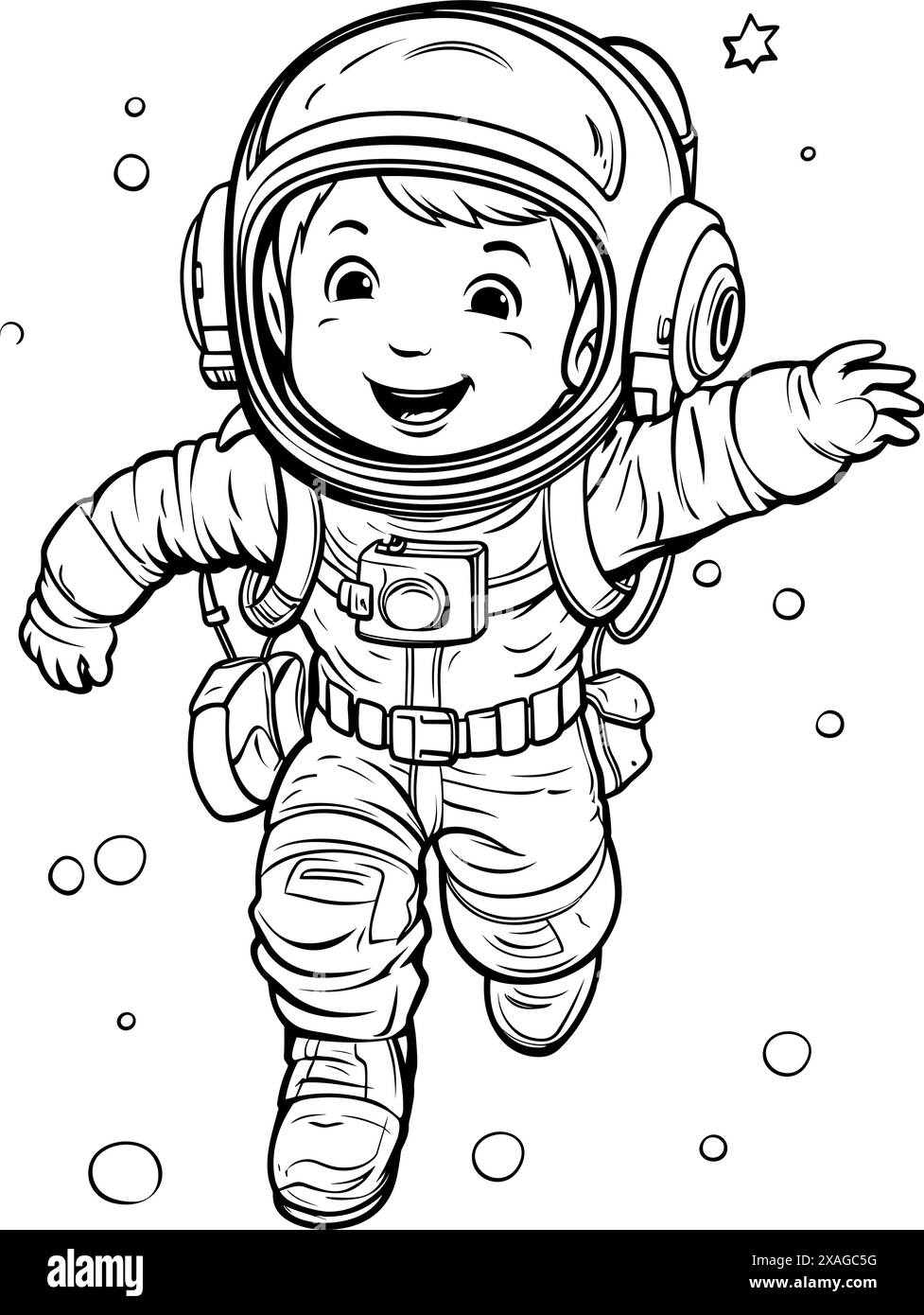 A cosmonaut with the face of a little boy floating in the void. black ...