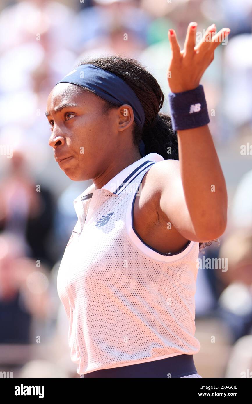 Paris, France. 6th June, 2024. Coco Gauff reacts during the women's singles semifinal match ...