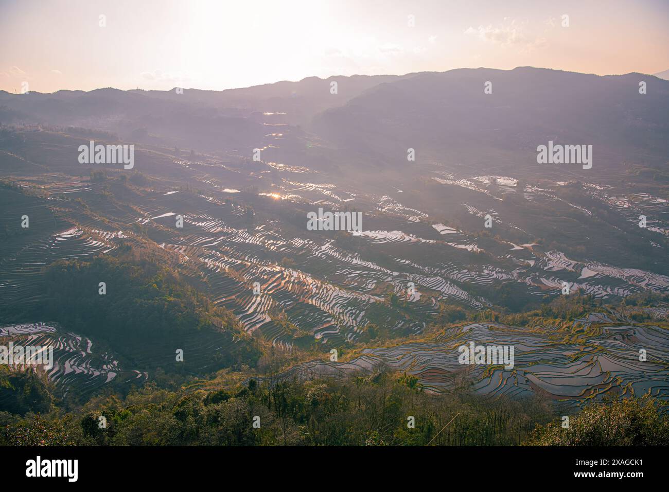 Sunset over Bada rice terraces in Yuanyang rice terraces, Yunnan, China ...