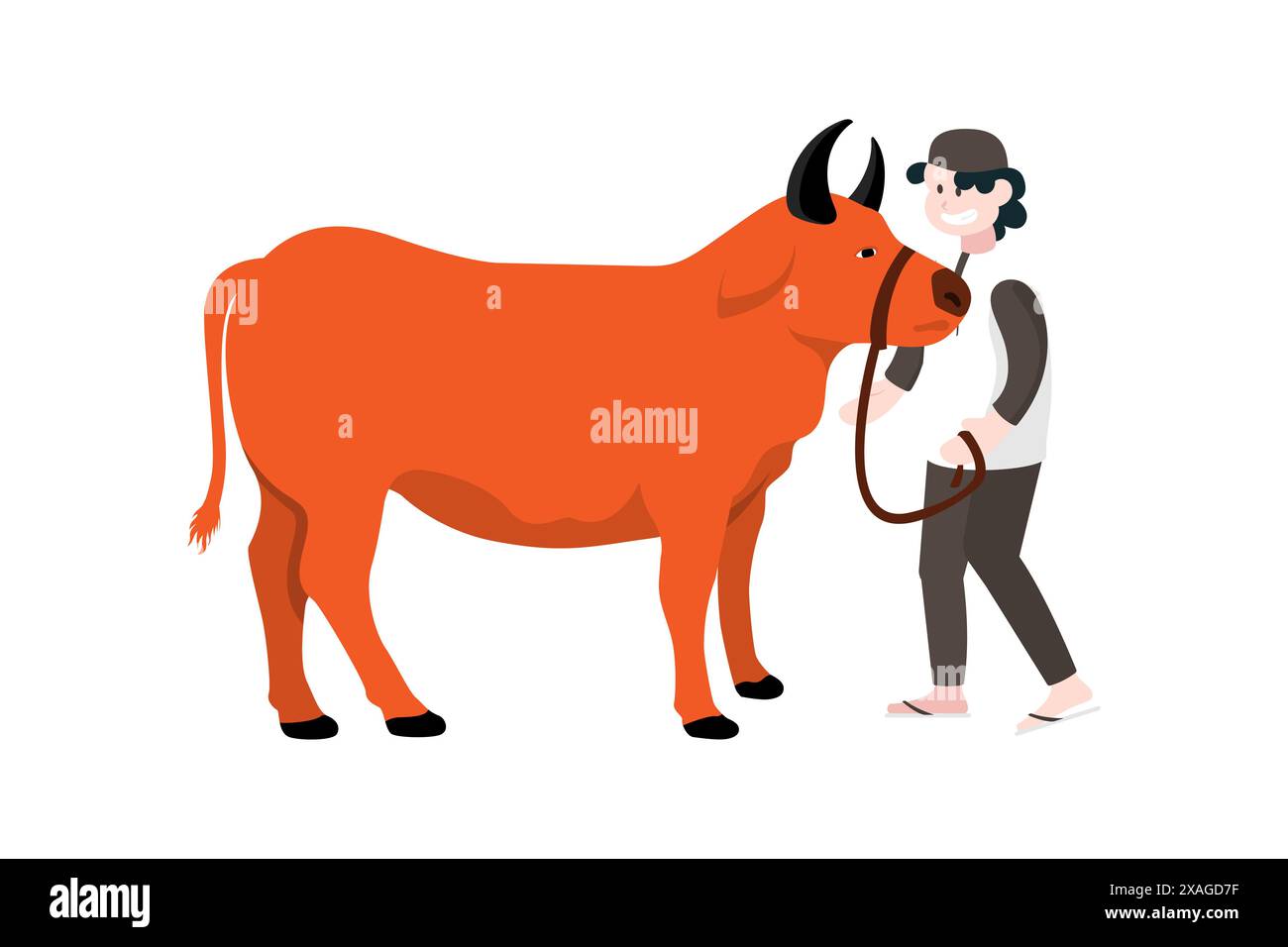 Eid Al Adha Mubarak vector illustration. Muslim Man Pulling Cow for ...
