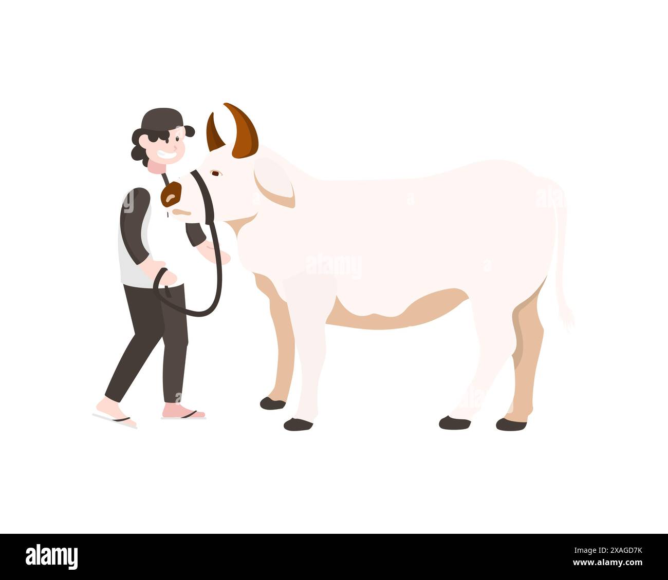 Eid Al Adha Mubarak vector illustration. Muslim Man Pulling Cow for ...