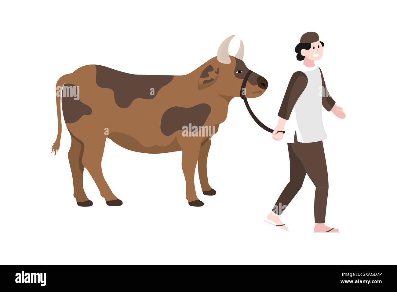 Eid Al Adha Mubarak vector illustration. Muslim Man Pulling Cow for ...
