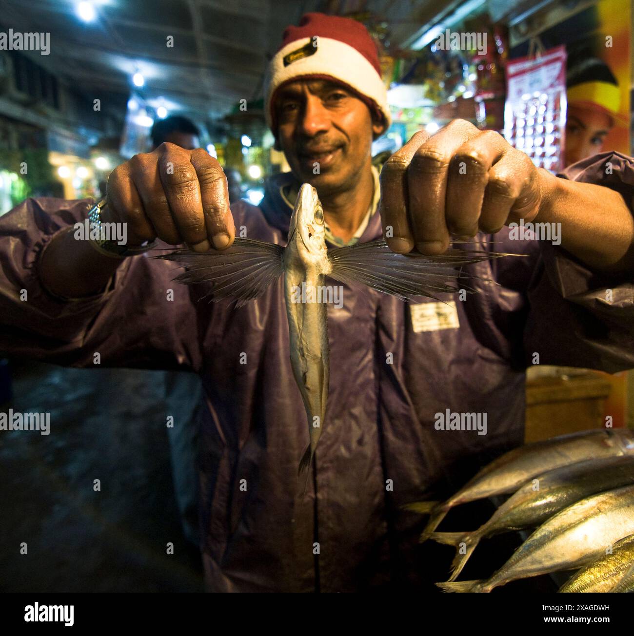 A Sinhalese man holding a fish at the colorful market in Kandy, Sri ...