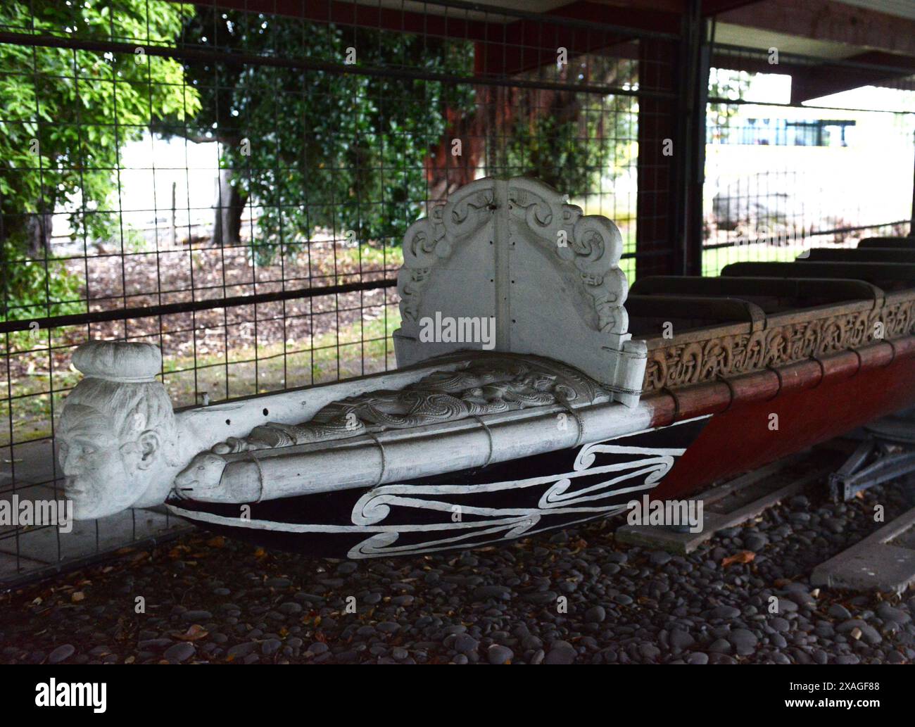 A traditional Maori canoe displayed at the park by The Strand in ...